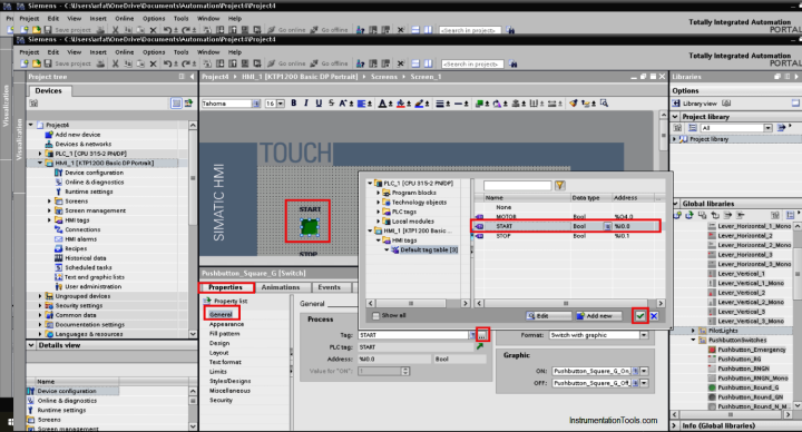 Configuration of Input and Output Tags in Siemens Scada and PLC