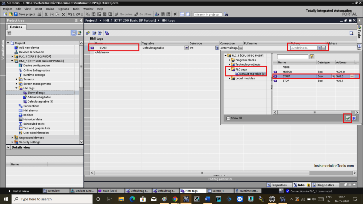 Configuration of Input and Output Tags in Siemens Scada and PLC