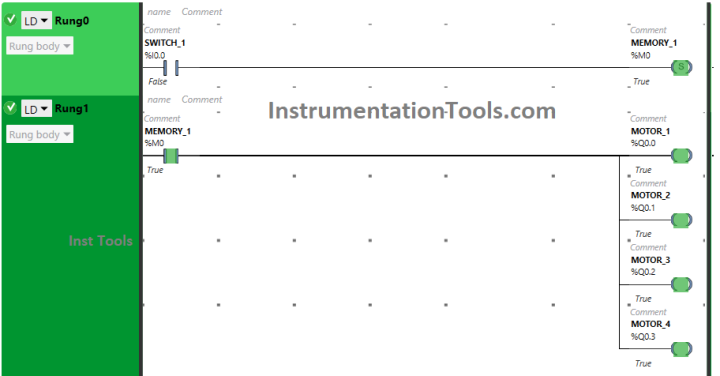 Ladder Diagram Example using Memory Bits and Set Coils