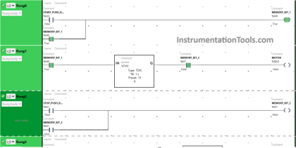 PLC Code to Start & Stop Motor and Pump as per Logic
